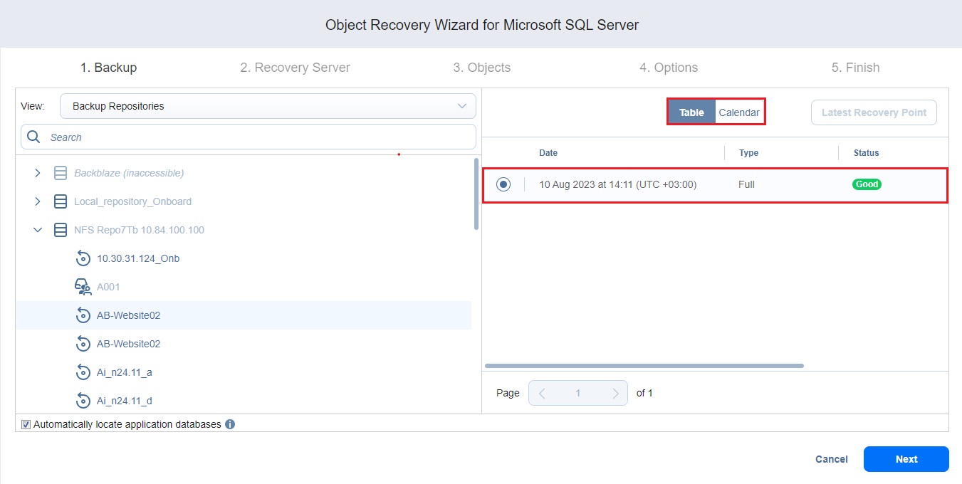 Object Recovery Wizard for Microsoft SQL Server: Backup